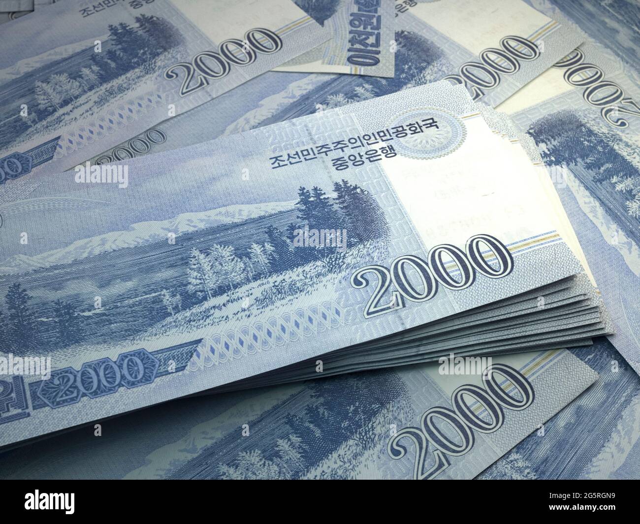 Money of North Korea. North Korean won bills. KPW banknotes. 2000 won ...