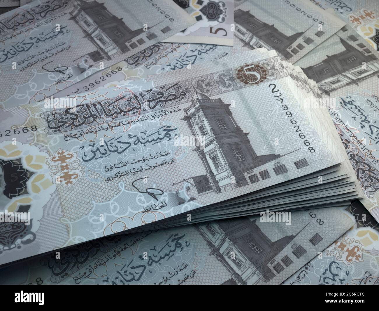 Money of Libya. Libyan dinar bills. LYD banknotes. 5 dinars. Business ...
