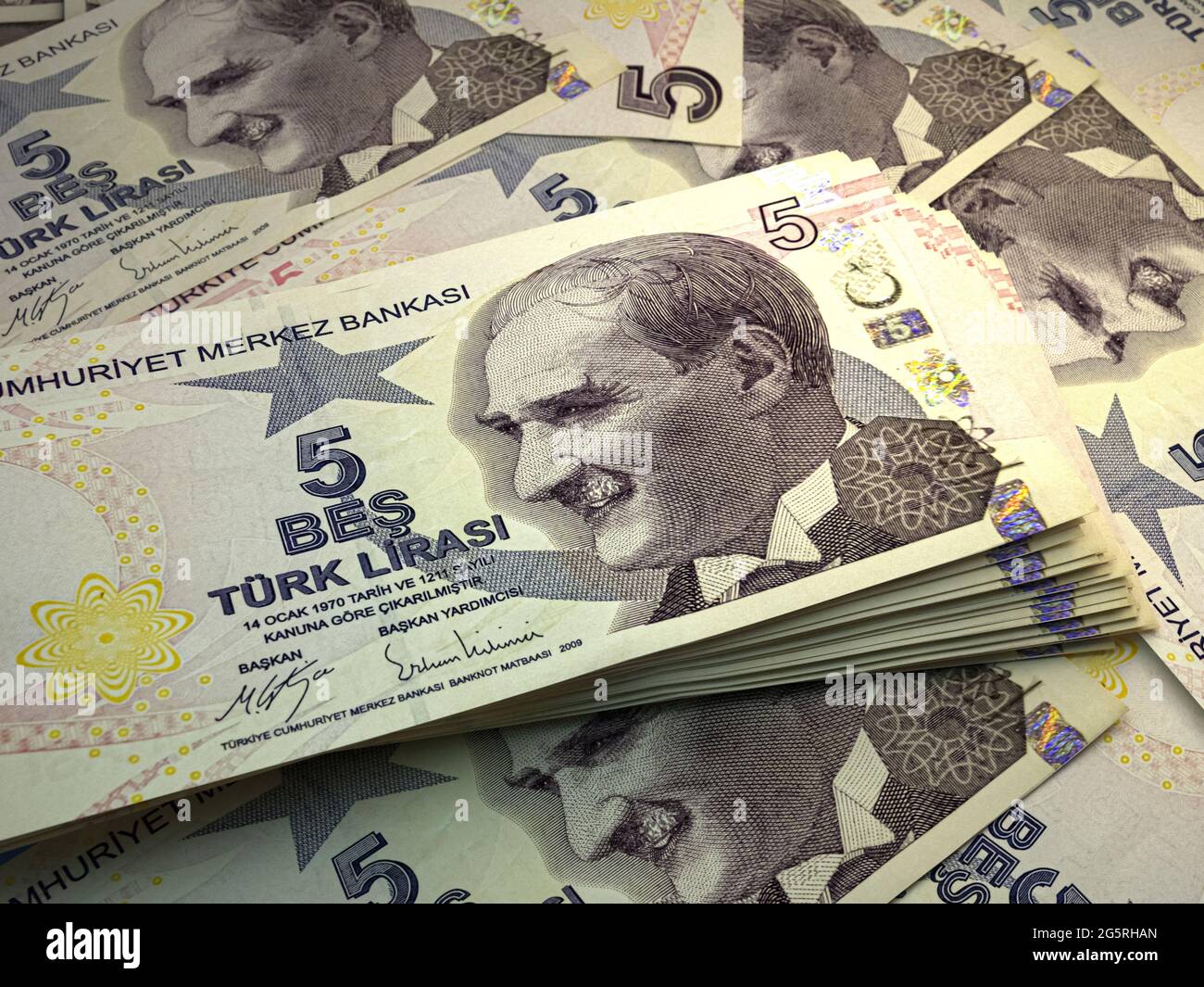 Money of Turkey. Turkish lira bills. TRY banknotes. 5 liralar. Business ...
