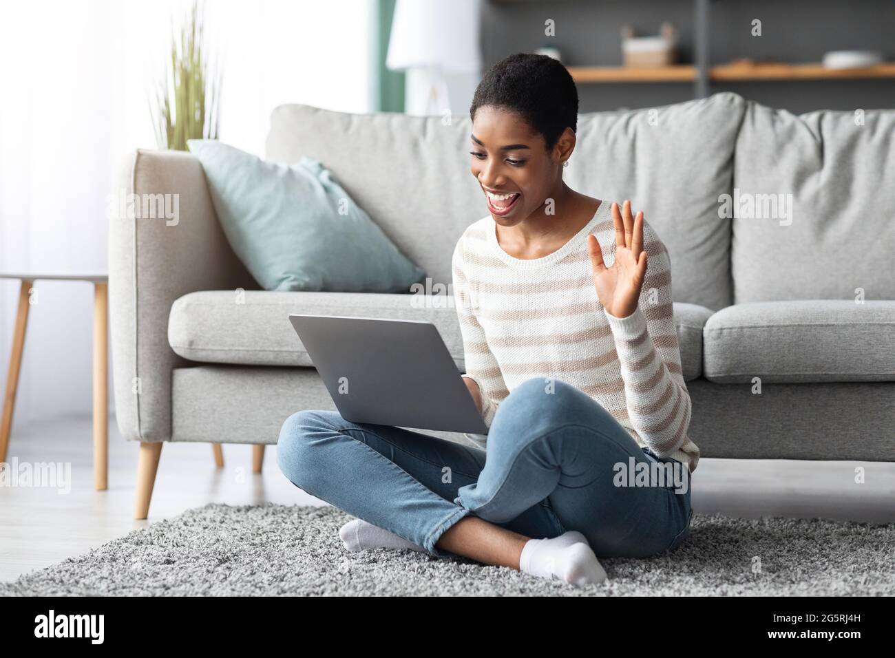 Online Meeting. Cheerful African Female With Laptop Making Video Call ...