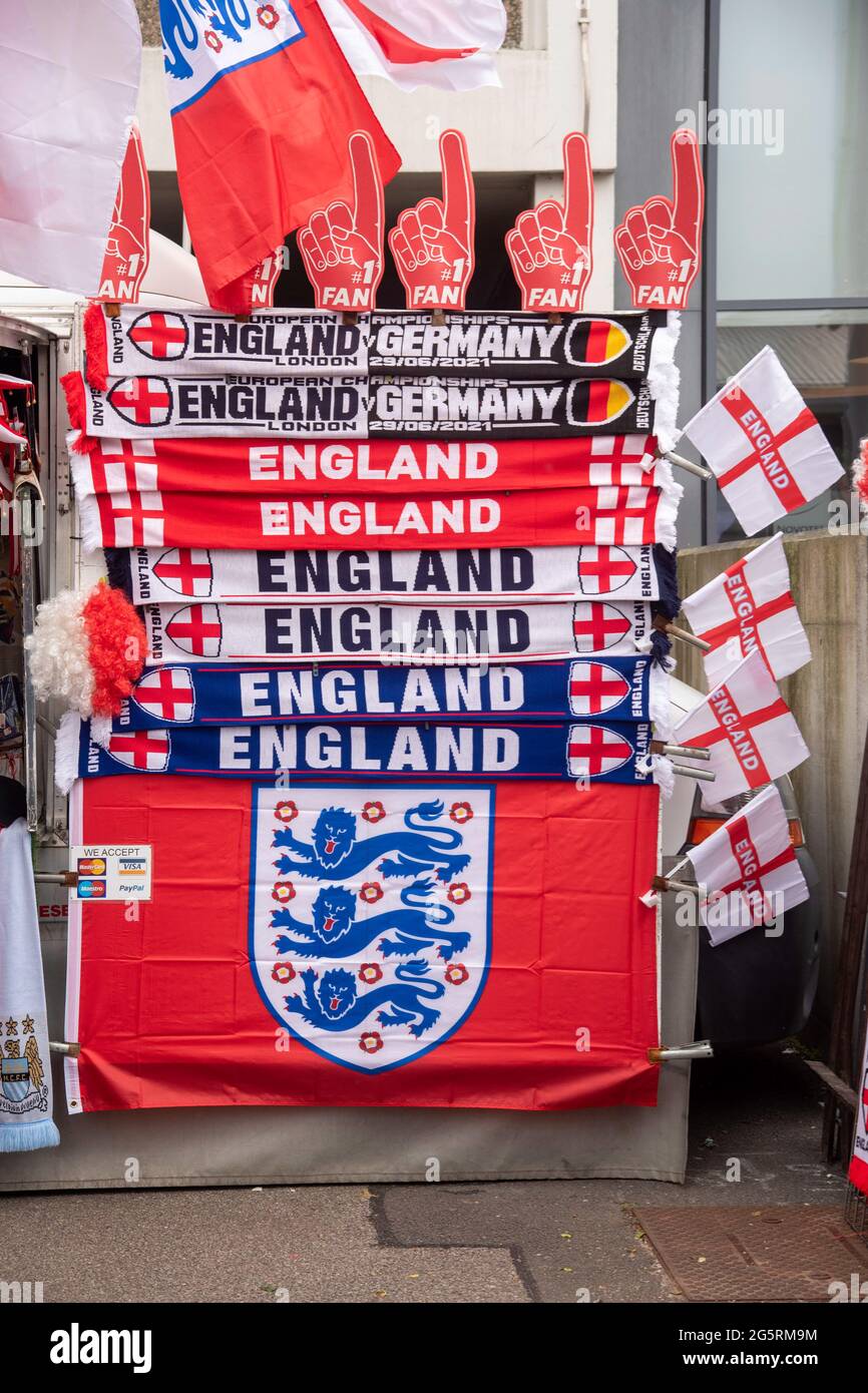 London, UK. 29th June, 2021. England merchandise on a stall outside ...