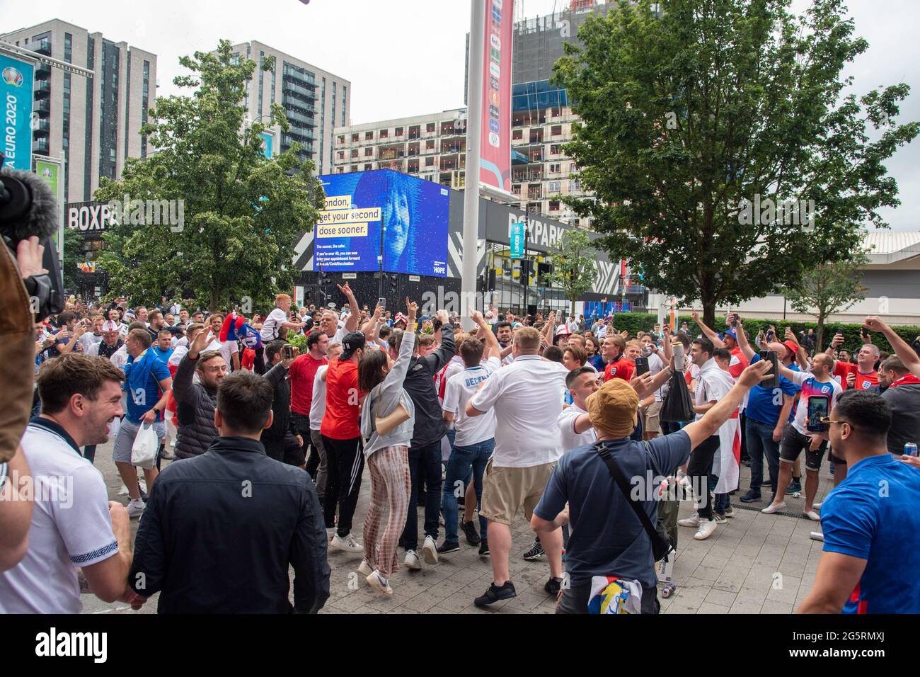 England fans gather singing and shouting outside Wembley Stadium with ...