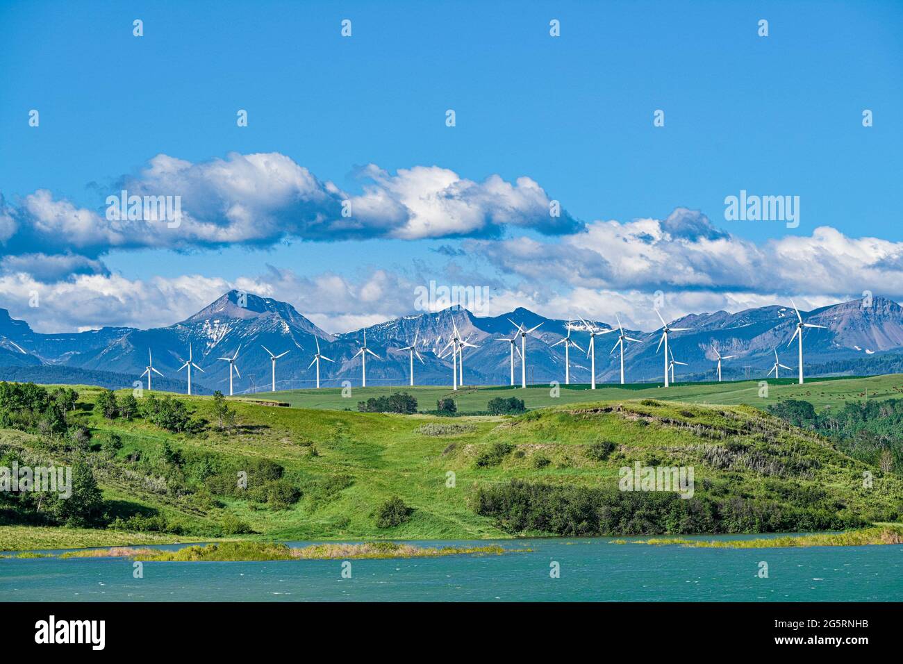Wind turbines, Rocky Mountains, Castle River, Cowley, Alberta, Canada ...