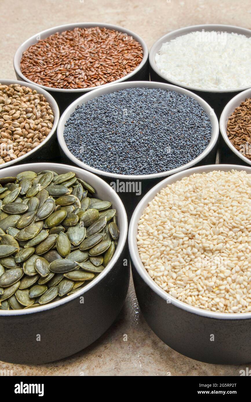 Various seeds on a marble background. Assortment, seeds set, healthy ...