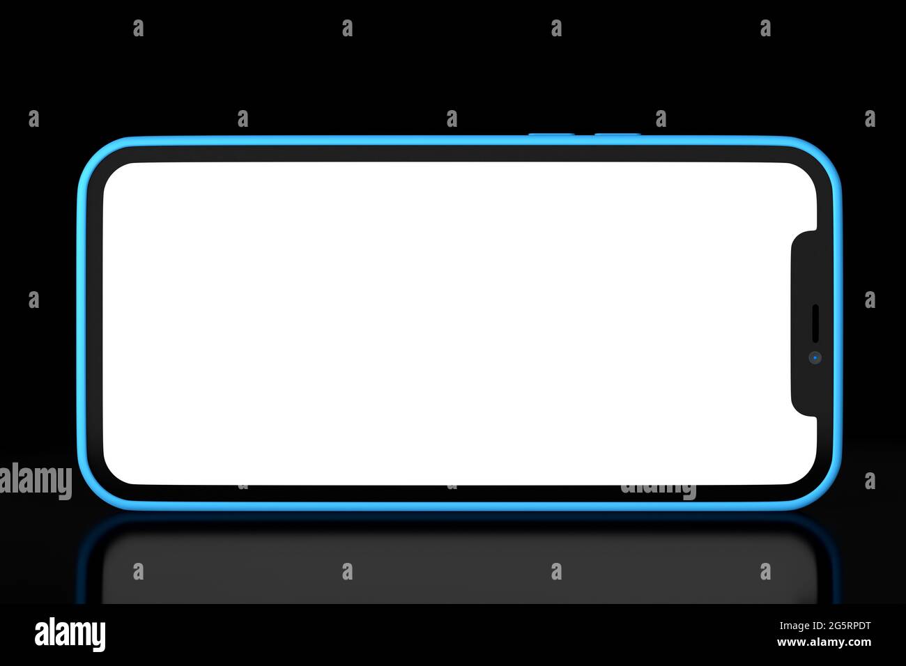 Realistic blue smartphone with blank white screen isolated on black ...