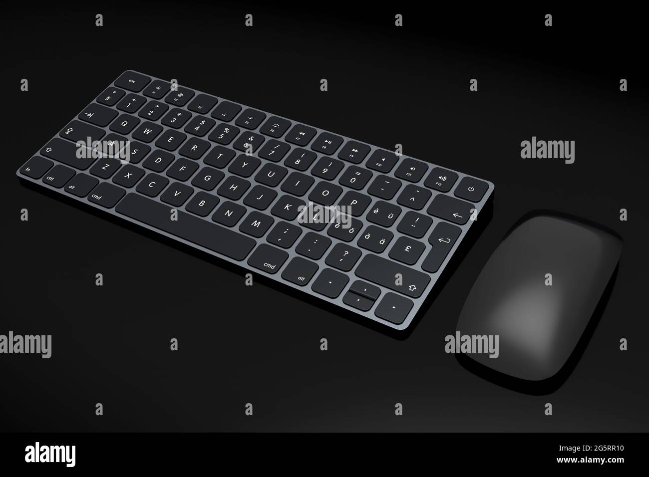 Modern black aluminum computer keyboard and mouse isolated on black ...