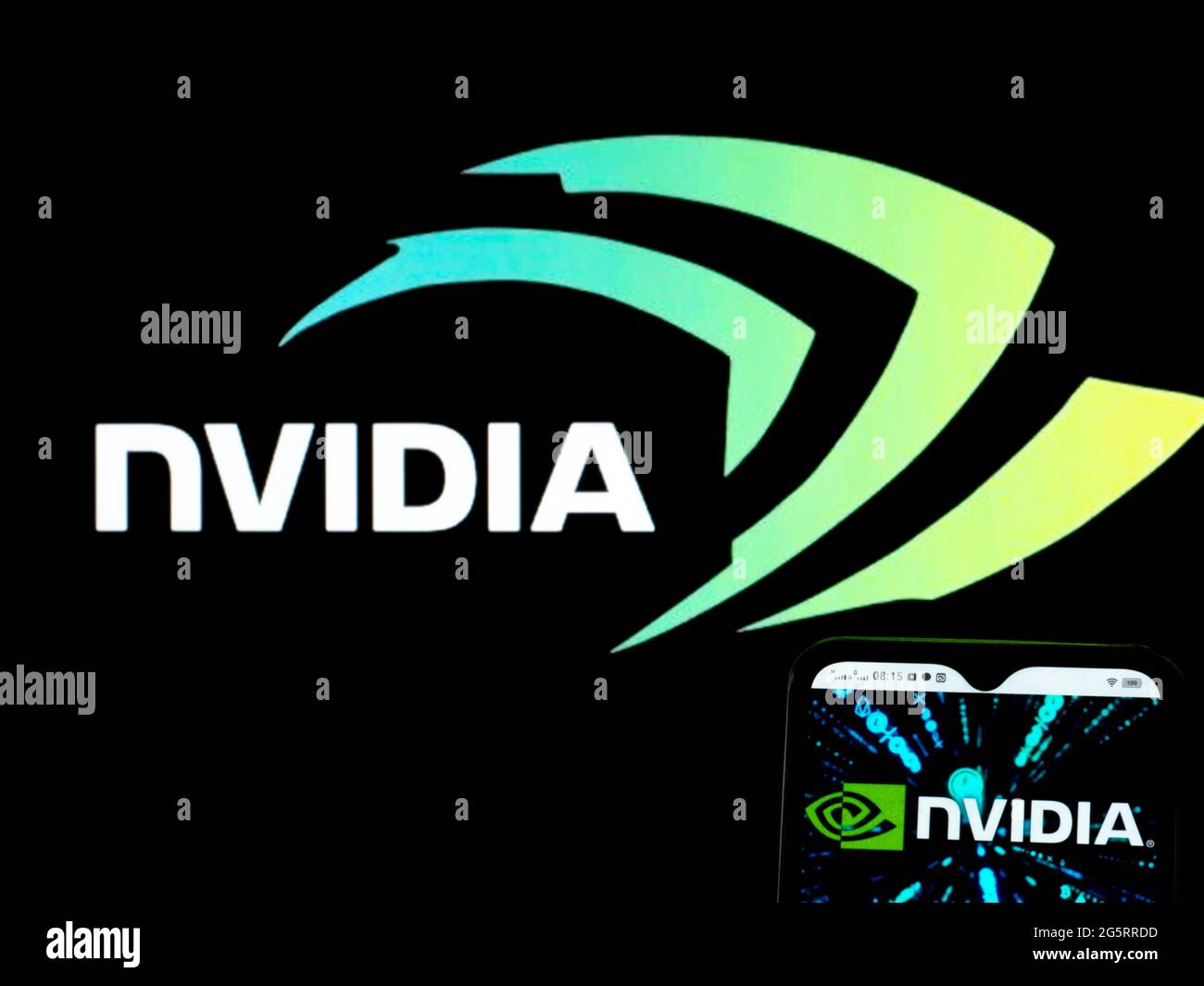 In this photo illustration, an NVIDIA Corporation logo seen displayed ...