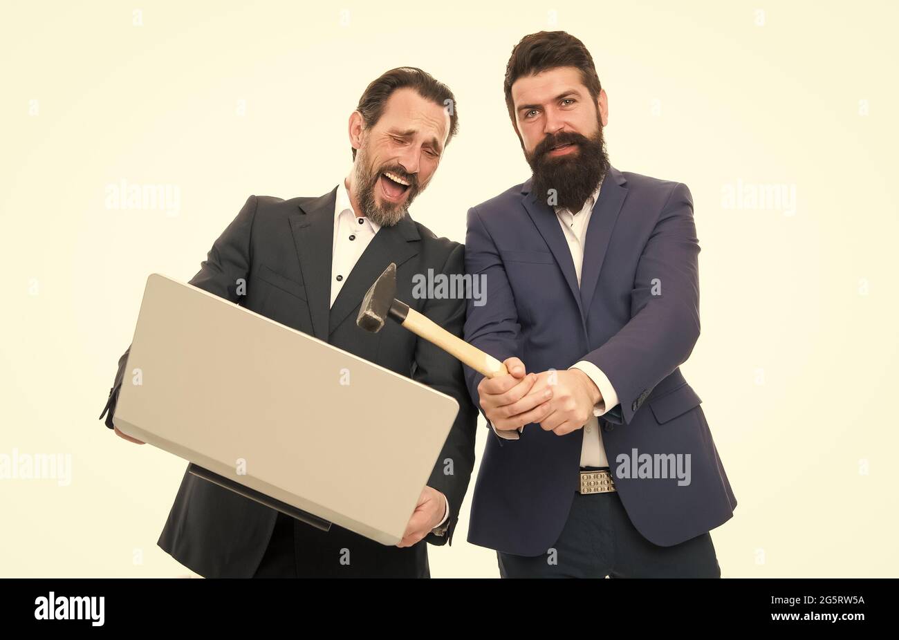 Password hack. Businessmen break or hack computer. Hackers hold laptop ...