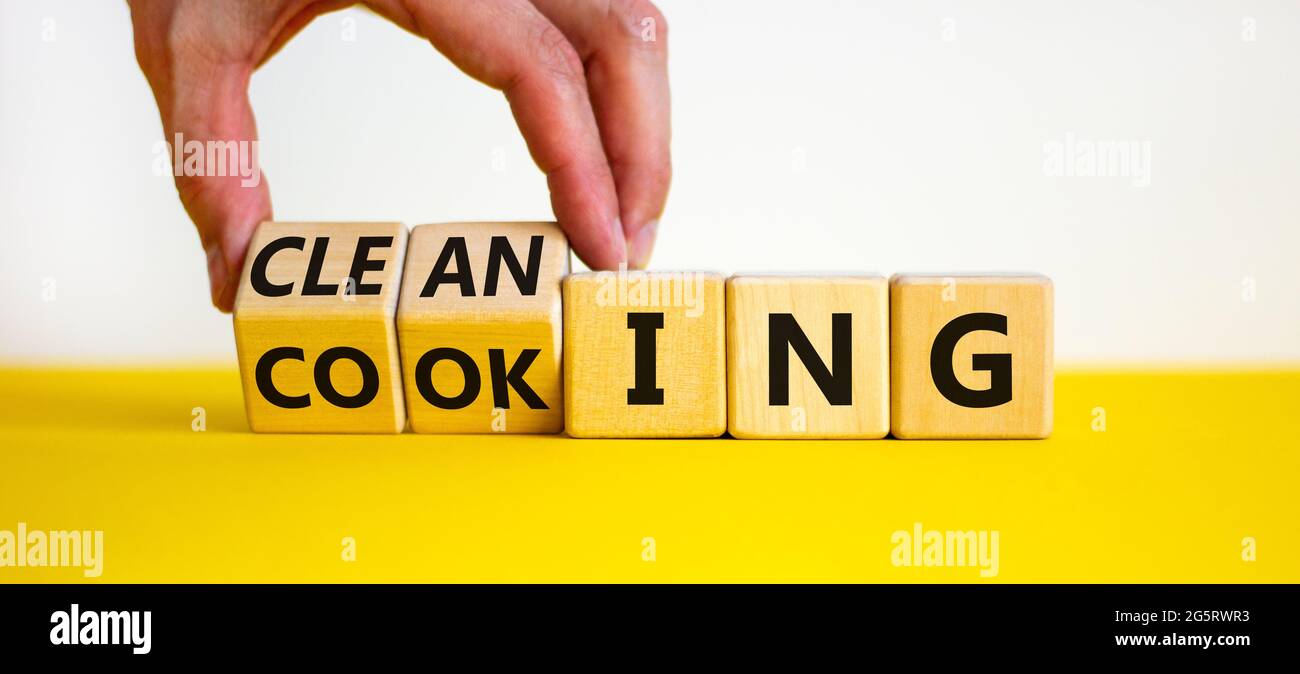 Cleaning or cooking symbol. Businessman turns wooden cubes and changes ...