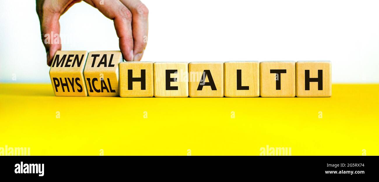 Mental or physical health symbol. Doctor turns wooden cubes and changes ...