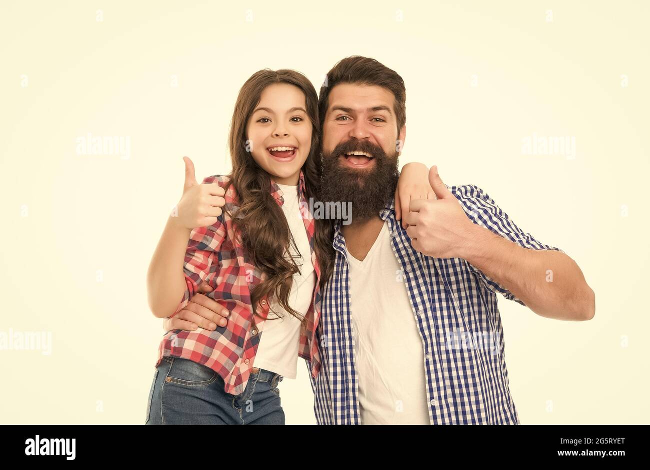 Approval and support. Happy father and small child showing thumbs ups ...