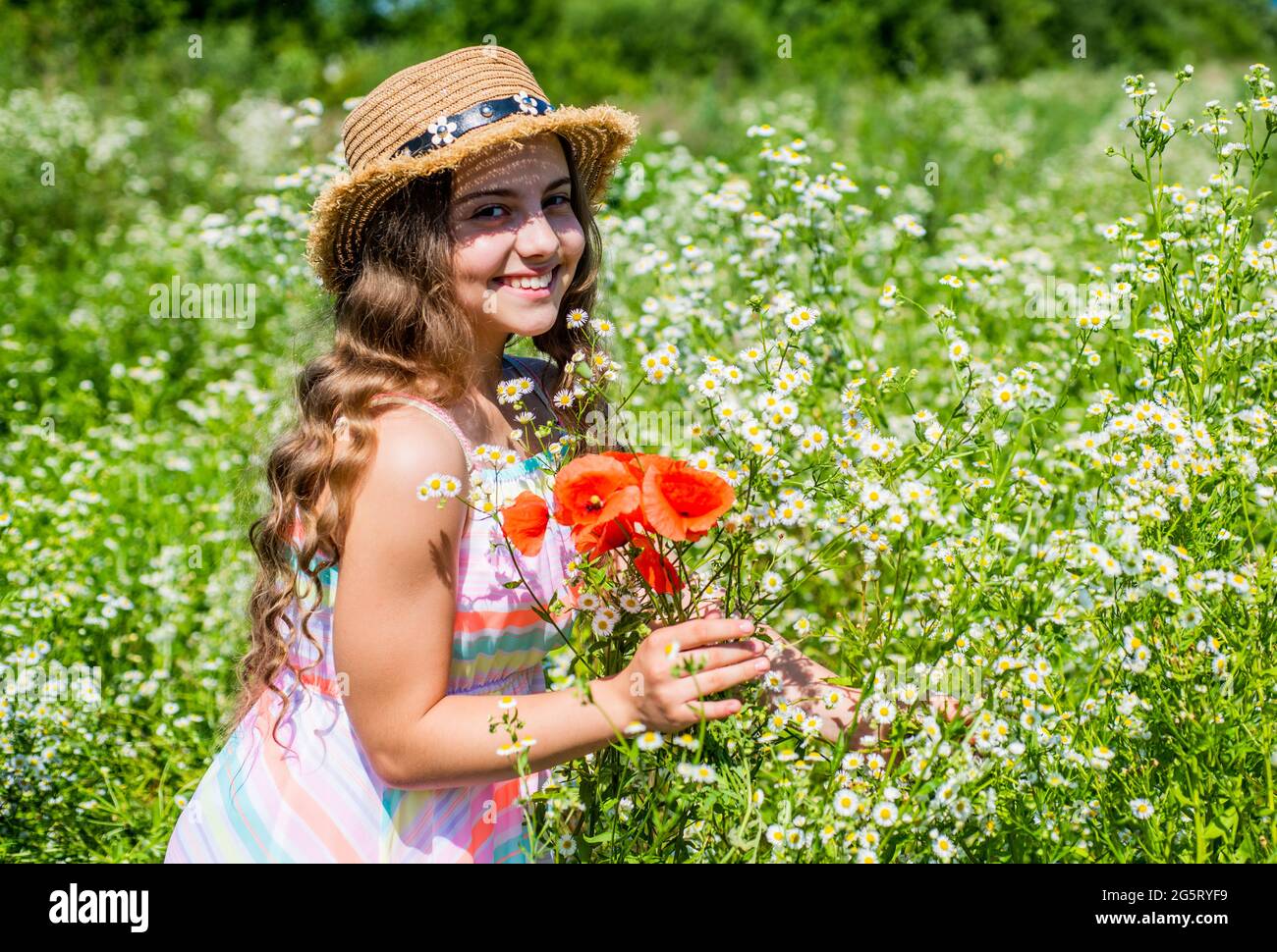 Happy girl collecting wildflowers sunny summer day nature background ...
