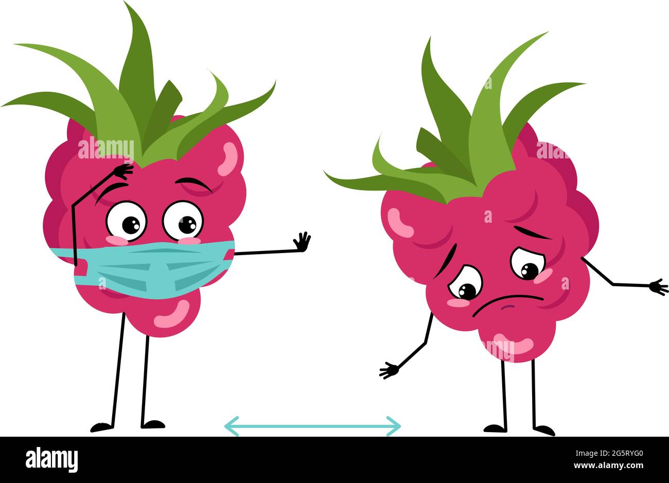 Cute raspberry characters with emotions, face and mask keep distance ...