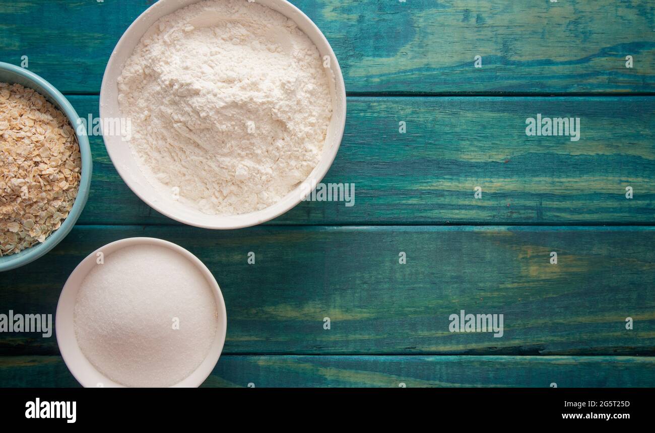 Baking Background on a Blue Wood Tabletop Stock Photo - Alamy