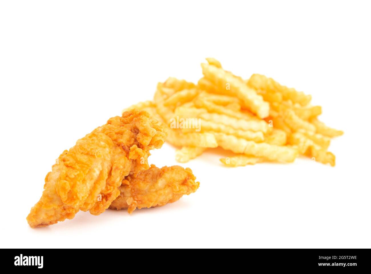 Chicken Fingers and Crinkle French Fries on a White Background Stock ...