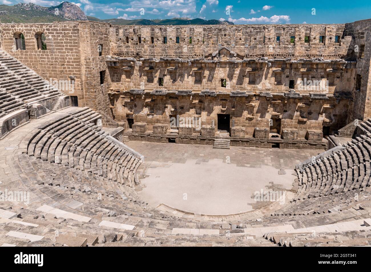 Roman amphitheater of Aspendos, Belkiz - Antalya, Turkey Stock Photo ...