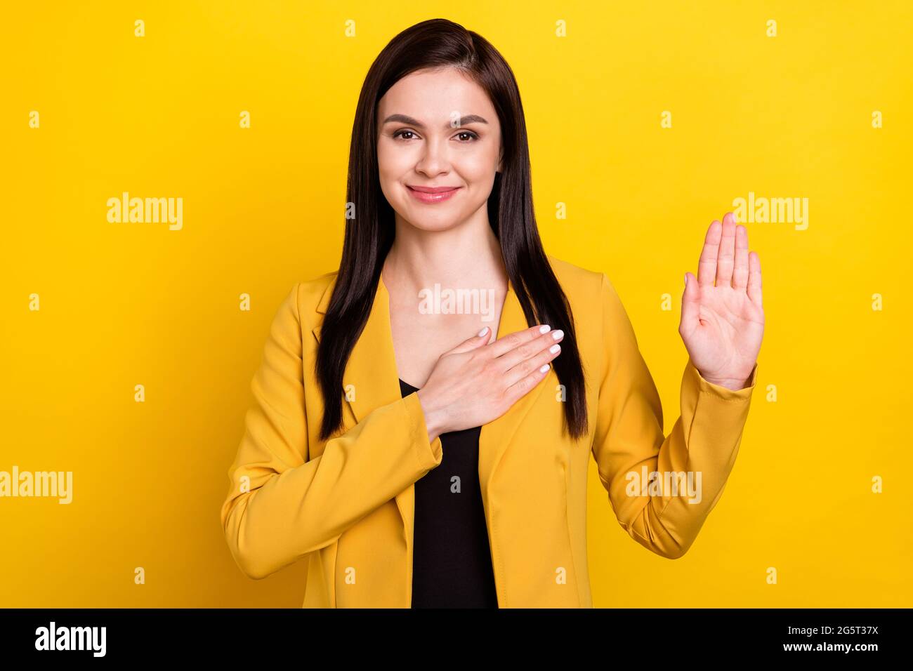 Photo of young woman happy positive smile hand on chest make promise ...