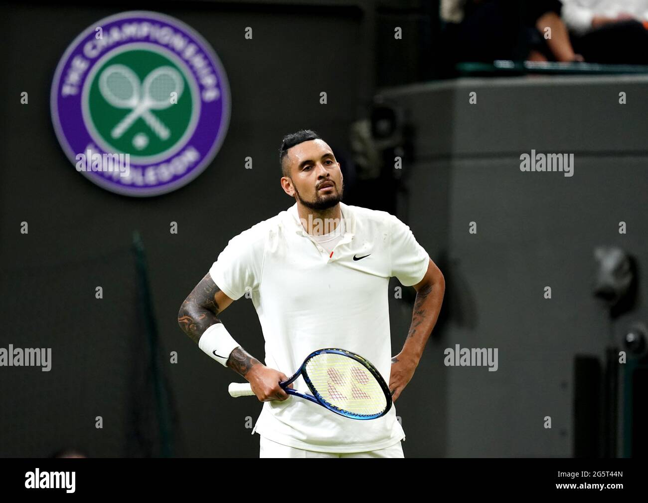 Nick Kyrgios reacts during his first round gentlemen's singles match ...