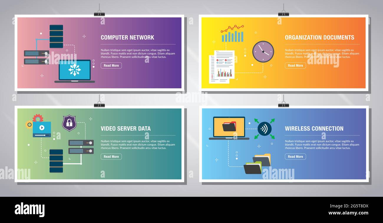 Web banners template in vector with icons of computer network, documents organization , video ...