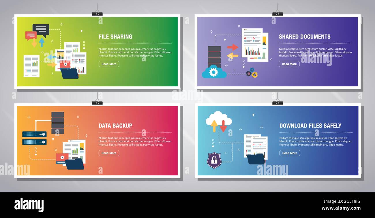 Web banners template in vector with icons of file sharing, shared documents, data backup and ...