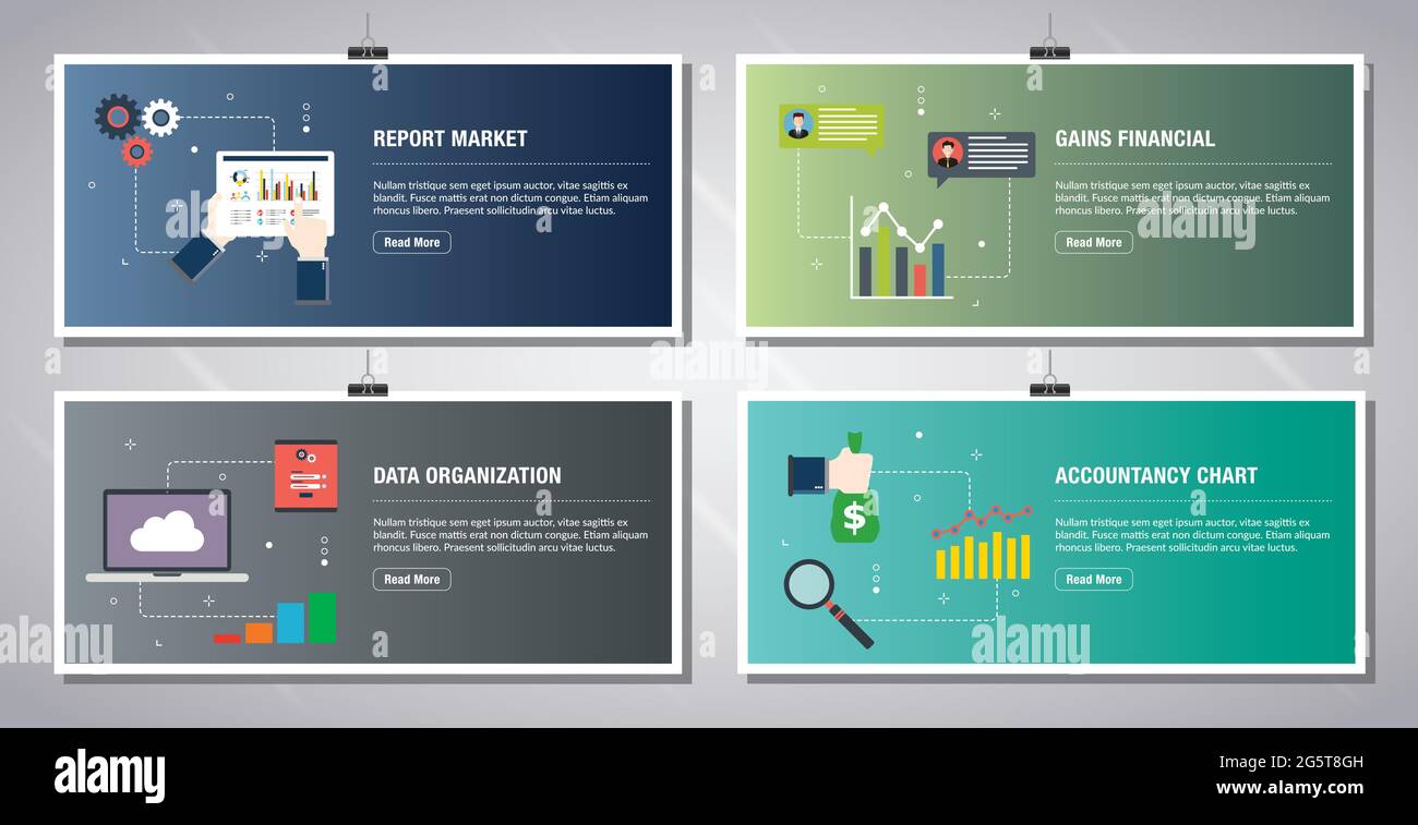 Web banners template in vector with icons of report market, gains ...