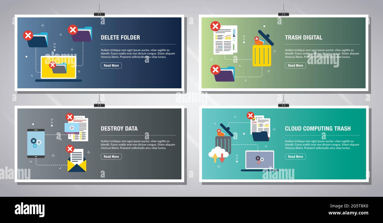 Web banners template in vector with icons of delete folder, trash digital, destroy data and ...