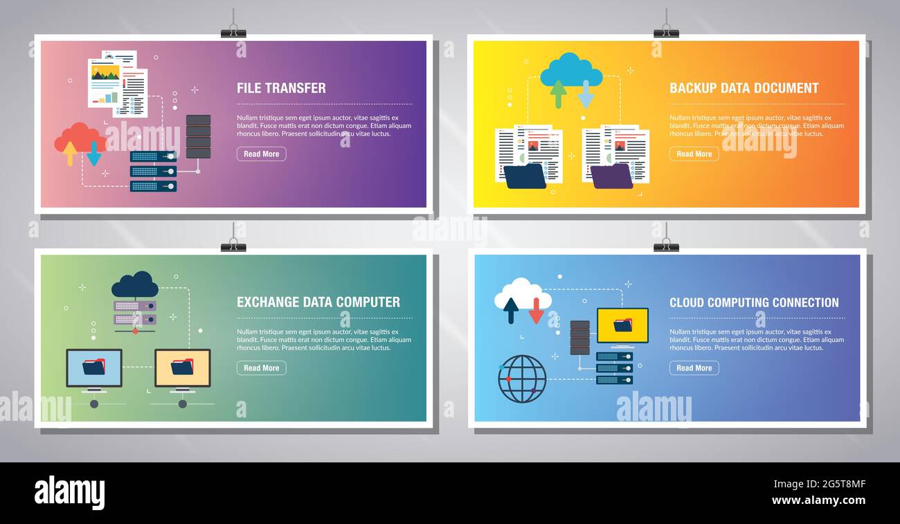 Web banners template in vector with icons of file transfer, backup data document, exchange data ...