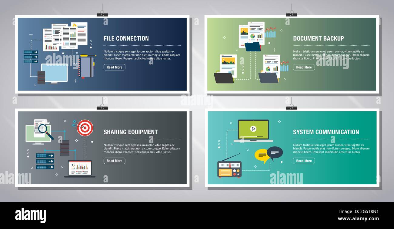 Web banners template in vector with icons of file connection, document backup, sharing equipment ...