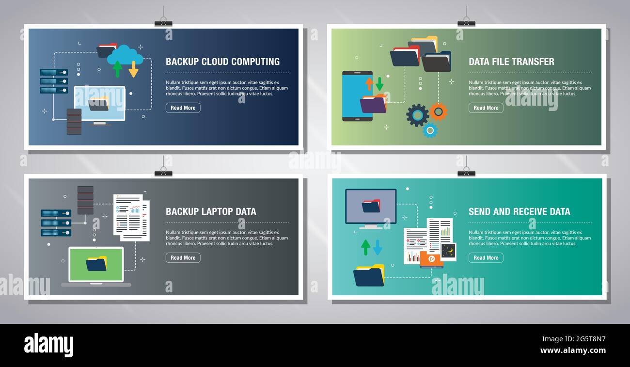 Web banners template in vector with icons of backup cloud computing, backup laptop data, send ...