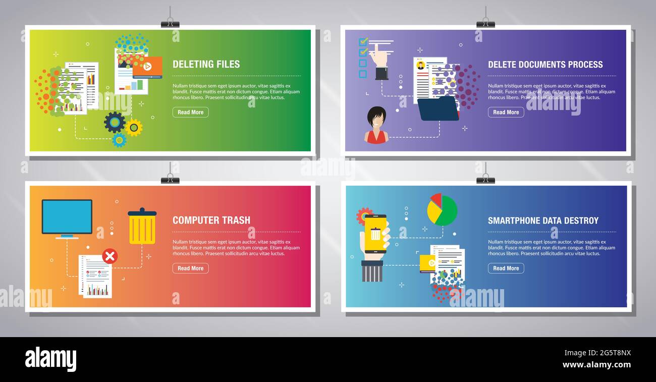 Web banners template in vector with icons of deleting files, delete documents, computer trash ...