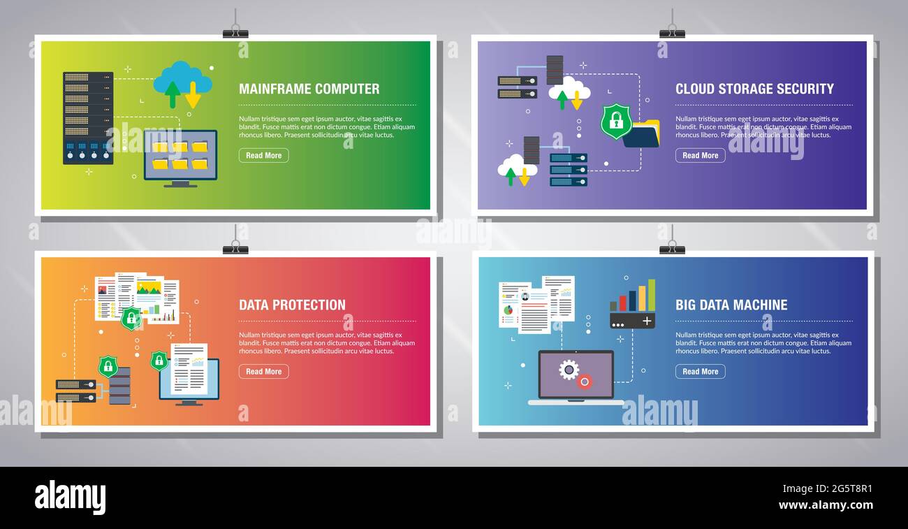 Web banners template in vector with icons of mainframe computer, cloud storage security, data ...