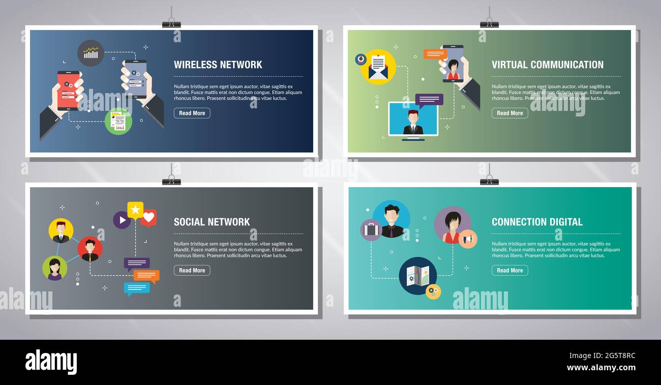 Web banners template in vector with icons of wireless network, virtual ...