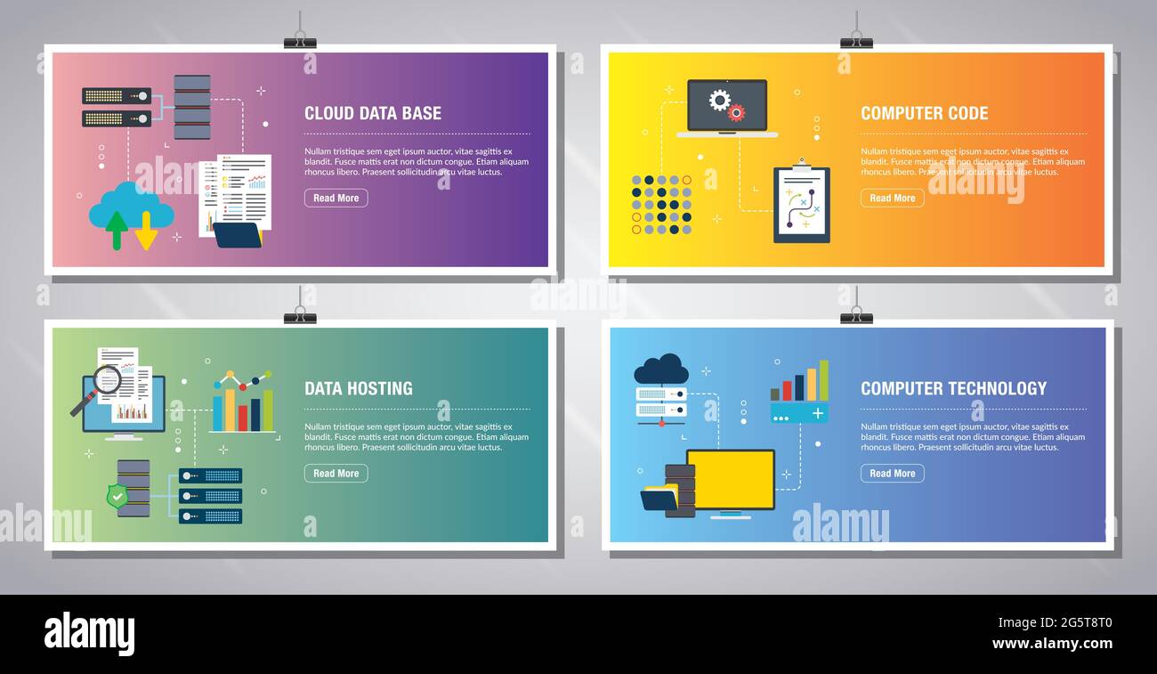 Web banners template in vector with icons of cloud data base, computer code, data hosting and ...