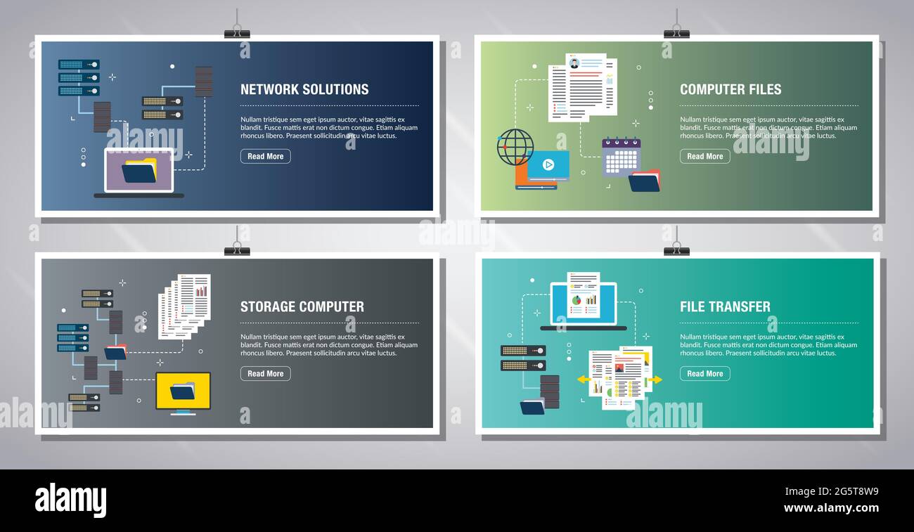 Web banners template in vector with icons of network solutions, computer files, storage computer ...