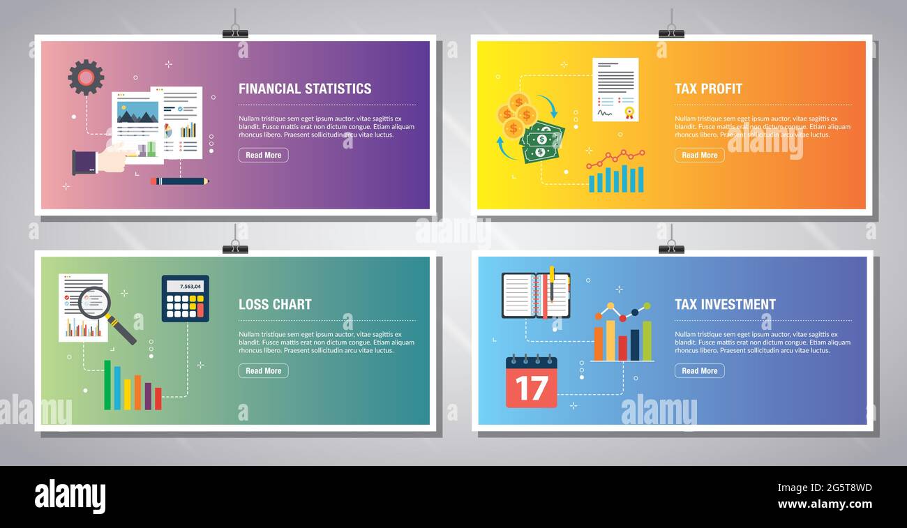 Web banners template in vector with icons of financial statistics, tax ...