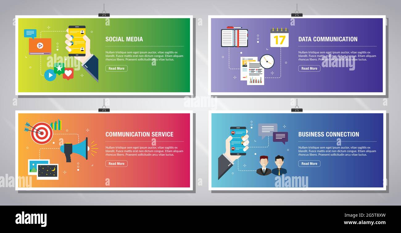Web banners template in vector with icons of social media, data communication, communication ...