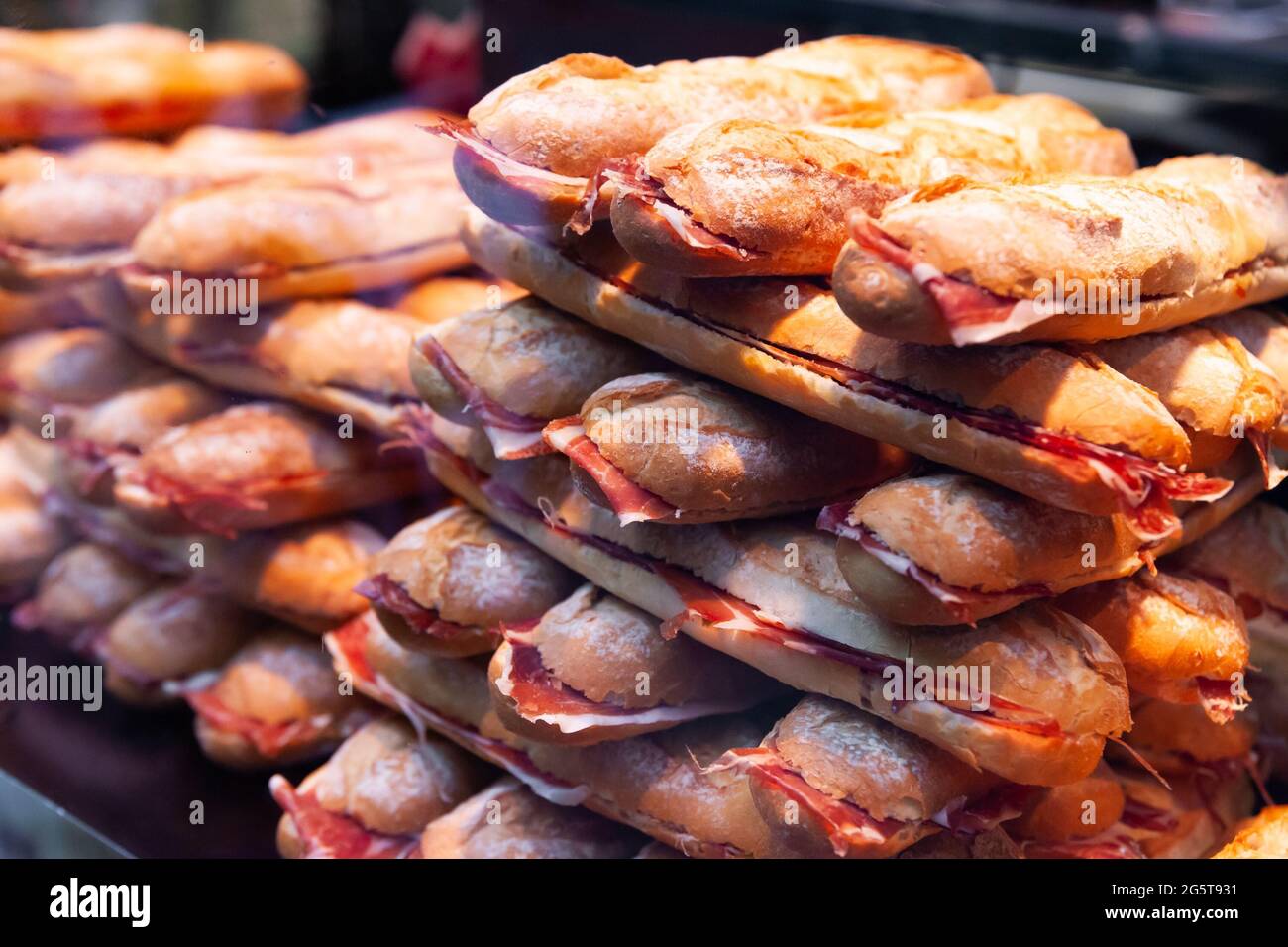 Bocadillos on showcase of Spanish fast food restaurant Stock Photo - Alamy