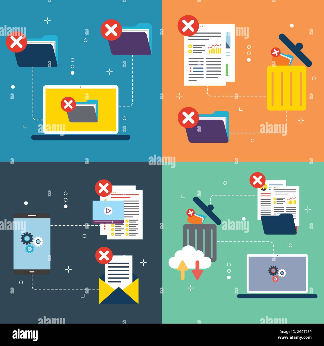 Computer, trash digital, documents and cloud computing icons. Concepts of delete folder, trash ...