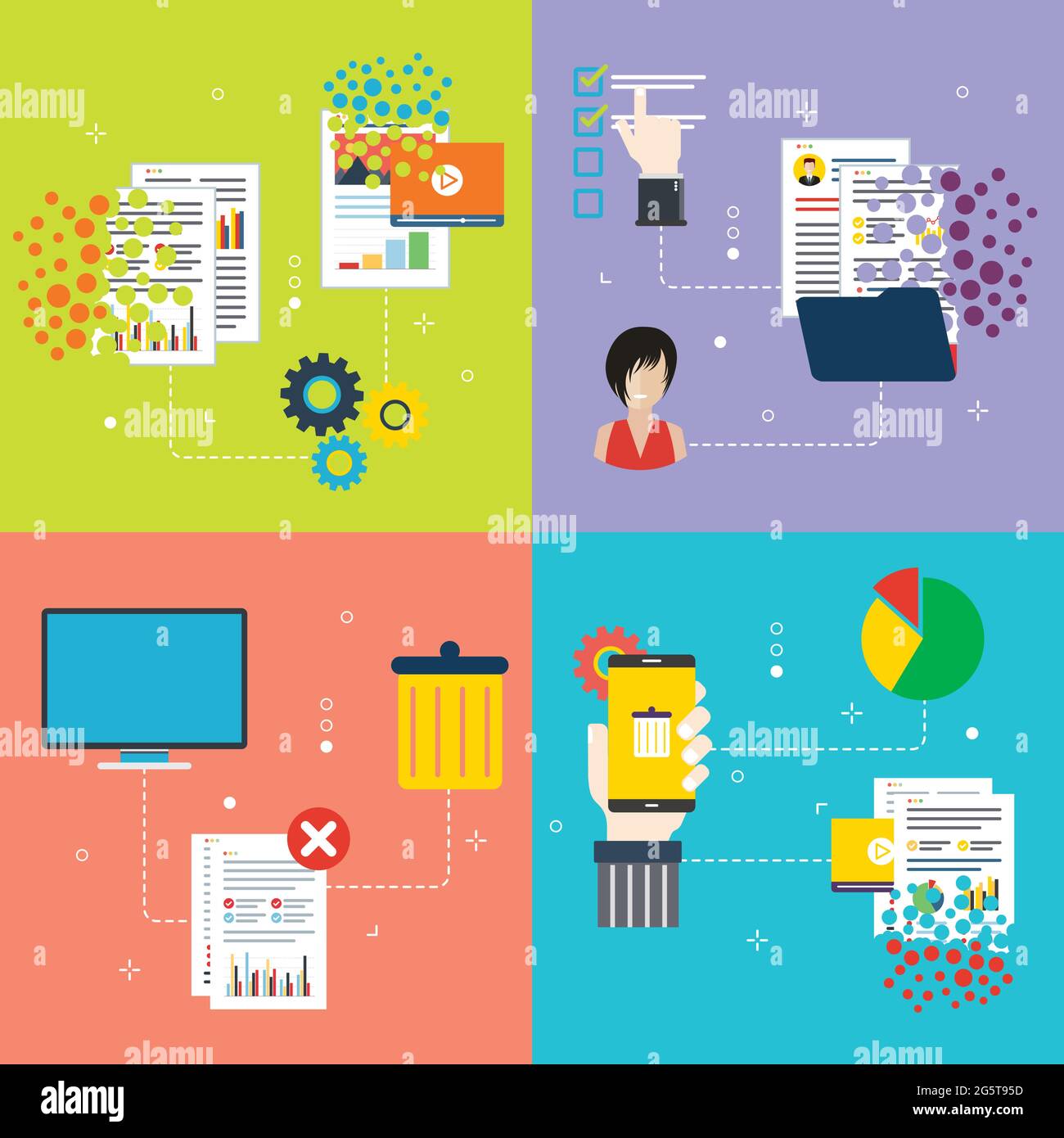 Computer, trash digital, documents and cloud computing icons. Concepts of deleting files, delete ...