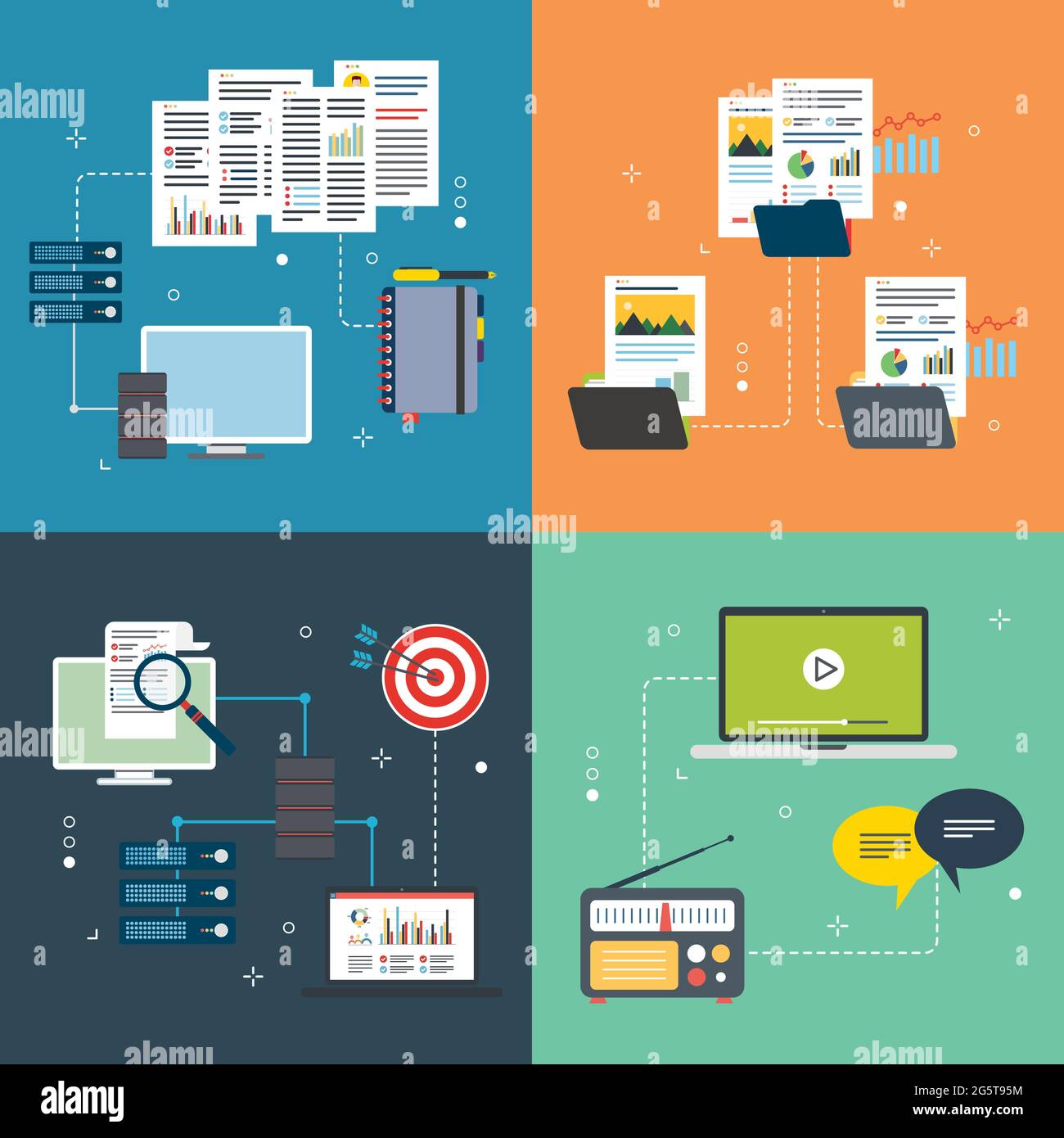 Connection, backup, report, sharing, communication and computer icons. Concepts of file ...