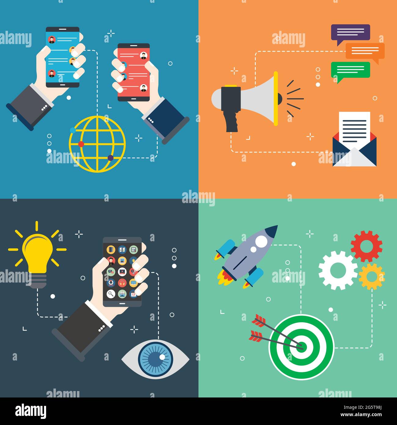 Message app, communication, innovation, competition and business icons ...