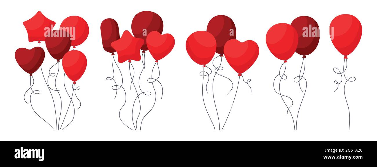 Bunch Balloon red cartoon set. Glossy helium air balloons bunches and ...