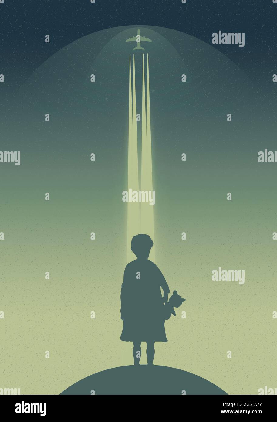 A little girl with her teddy bear watches as an airplane flies overhead ...