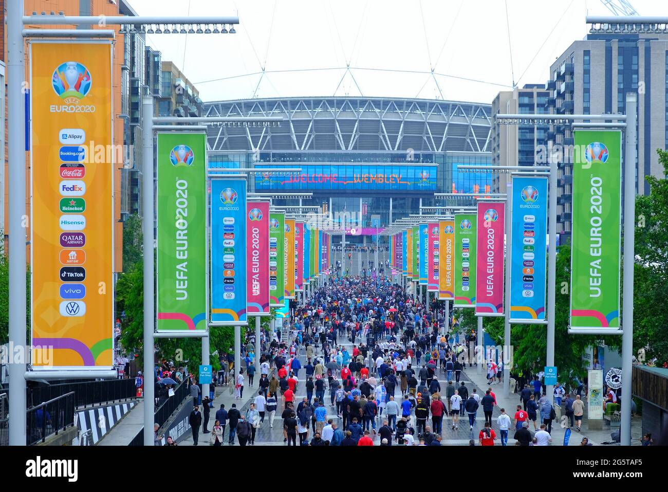 London, UK. View of Olympic Way looking through to Wembley Stadium as ...