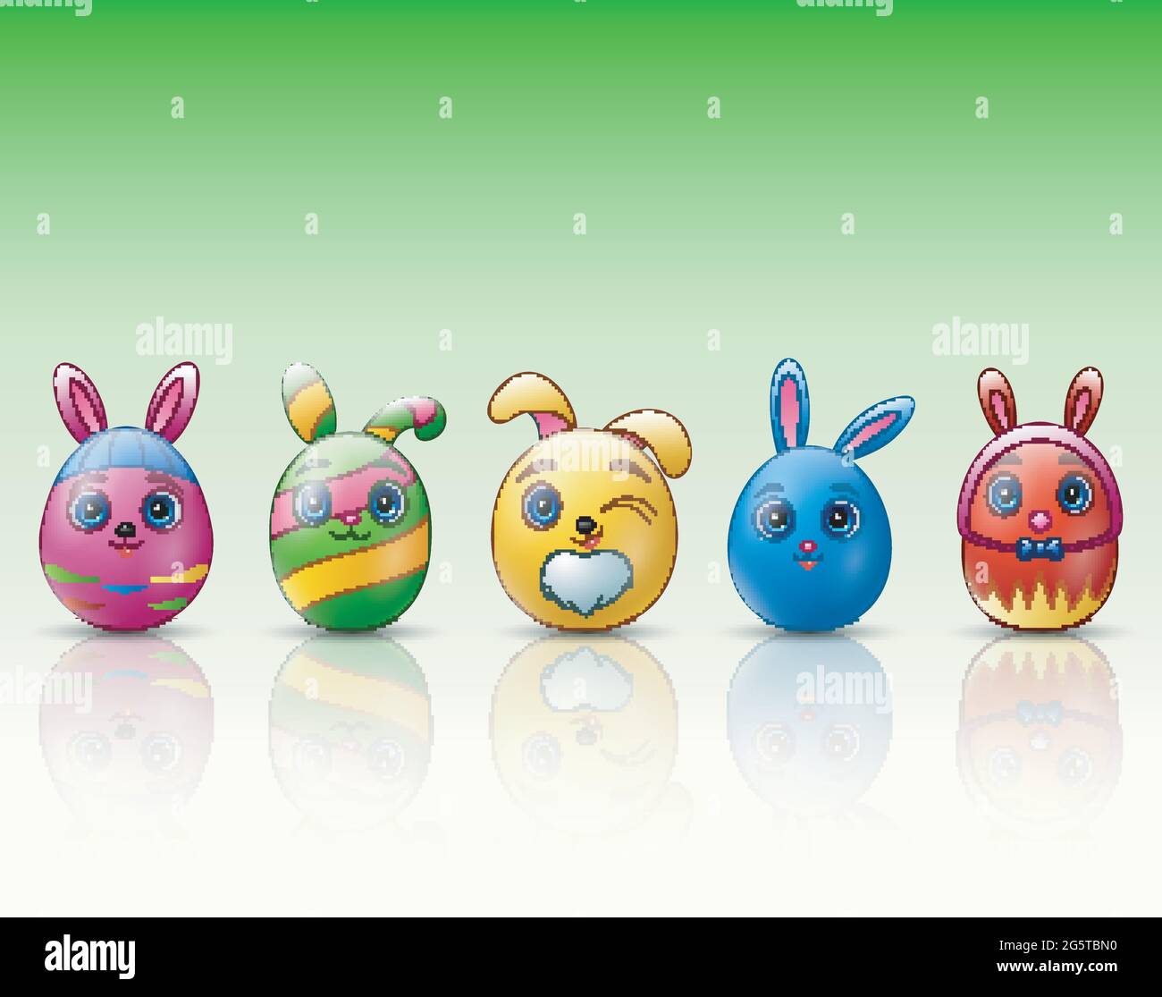 Set of easter eggs cartoon character with bunnies ears on green ...