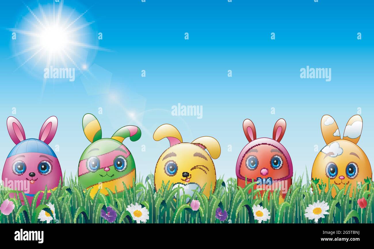 Set of easter eggs cartoon character with bunnies ears in grass ...