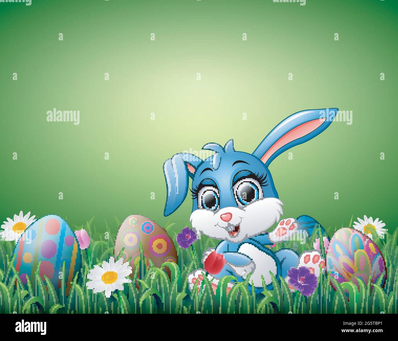 Cute little rabbit cartoon with decorated Easter eggs in a field Stock ...