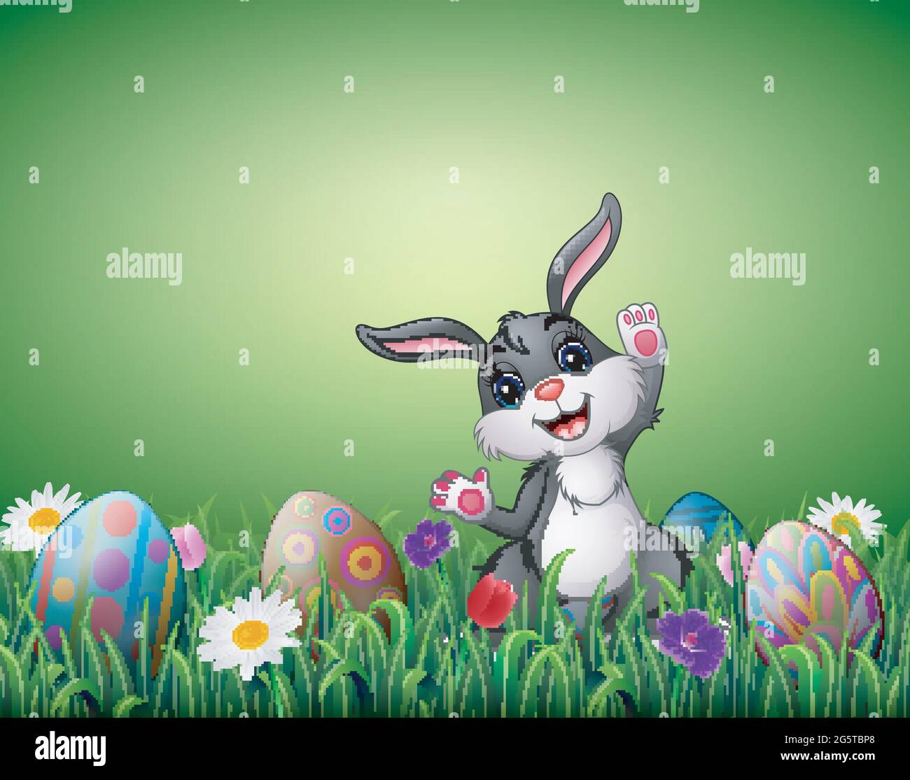 Happy Easter bunny with decorated Easter eggs in a grass field Stock ...