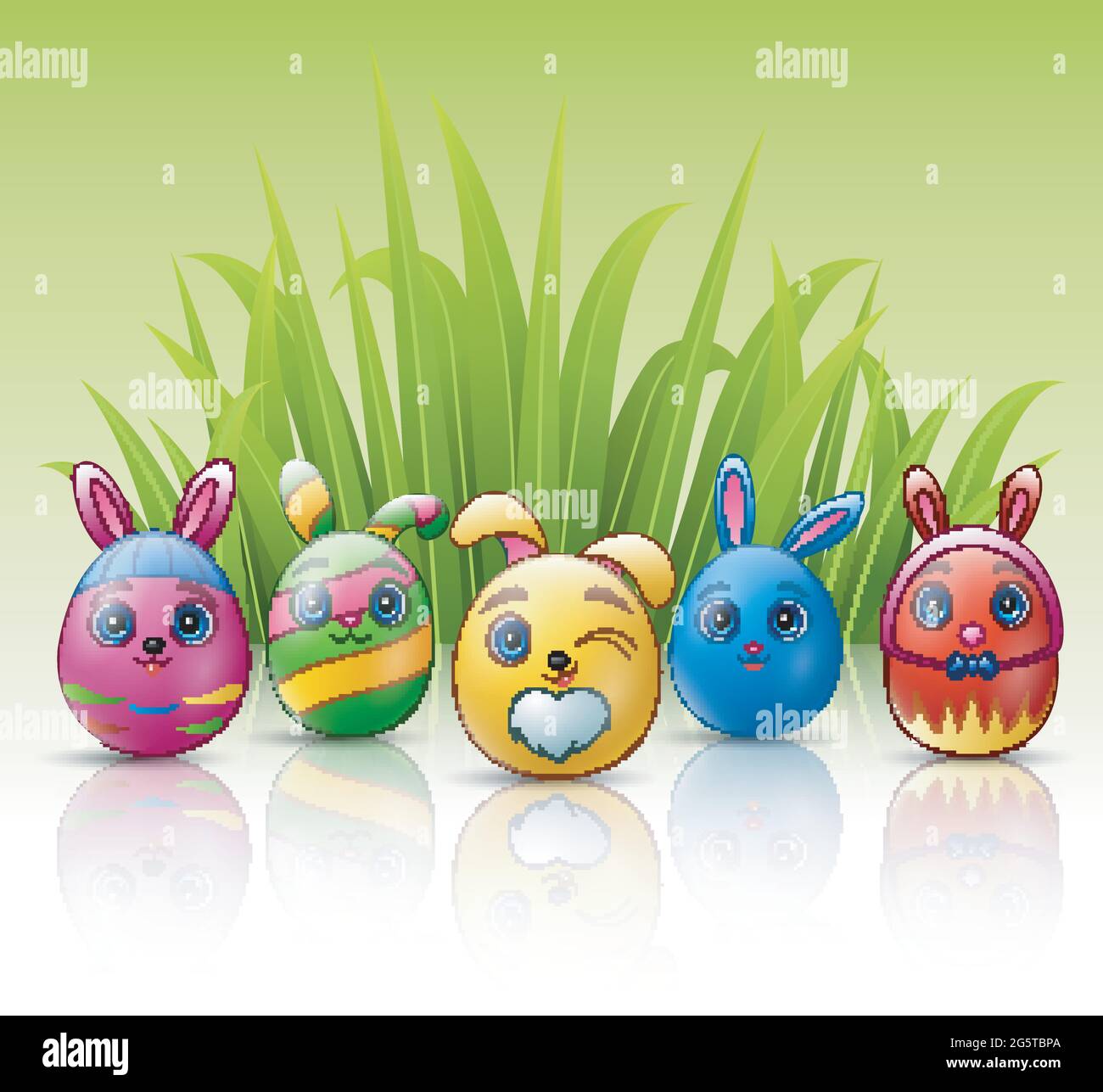 Happy easter eggs cartoon character with bunnies ears and grass ...