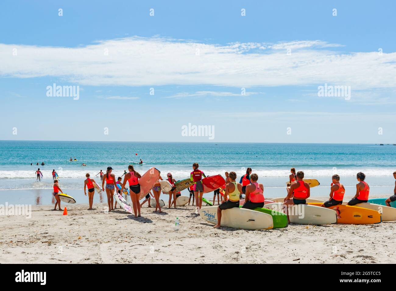 Mount Maunganui New Zealand -January 20 2015; Surf club members wait ...